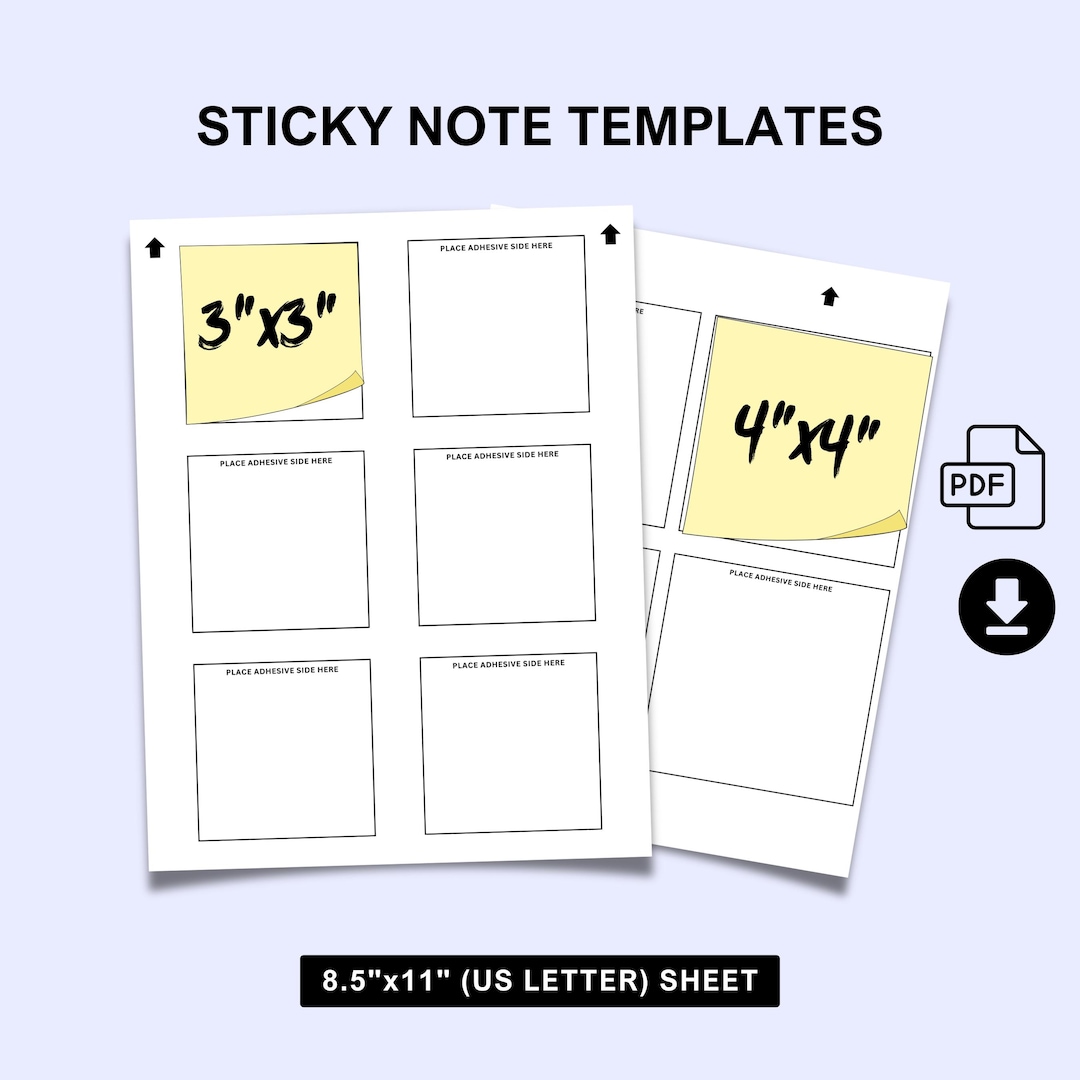 Sticky Note Templates | 2 PDF Sheets (8.5"x11") for 3"x3" and 4"x4 ...