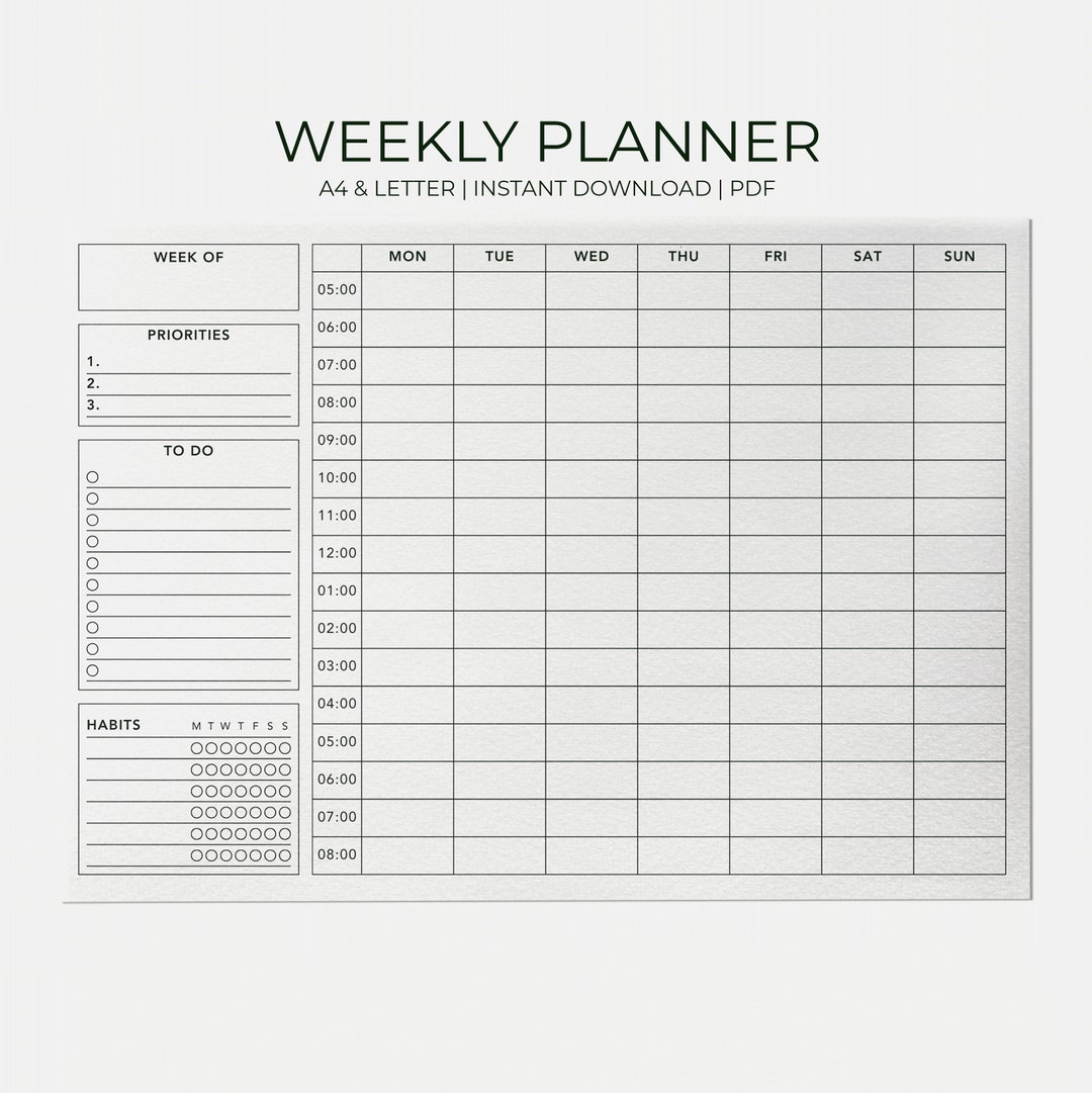 Printable Weekly Planner Template Weekly Schedule PDF, Hourly Weekly ...
