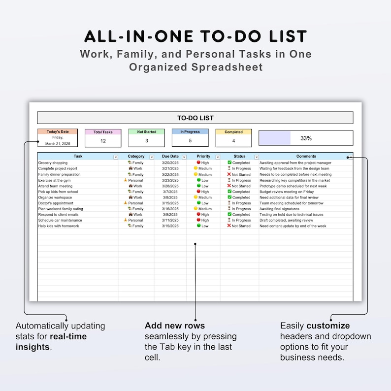 Excel To Do List with Categories, Priority & Status: Digital Checklist ...