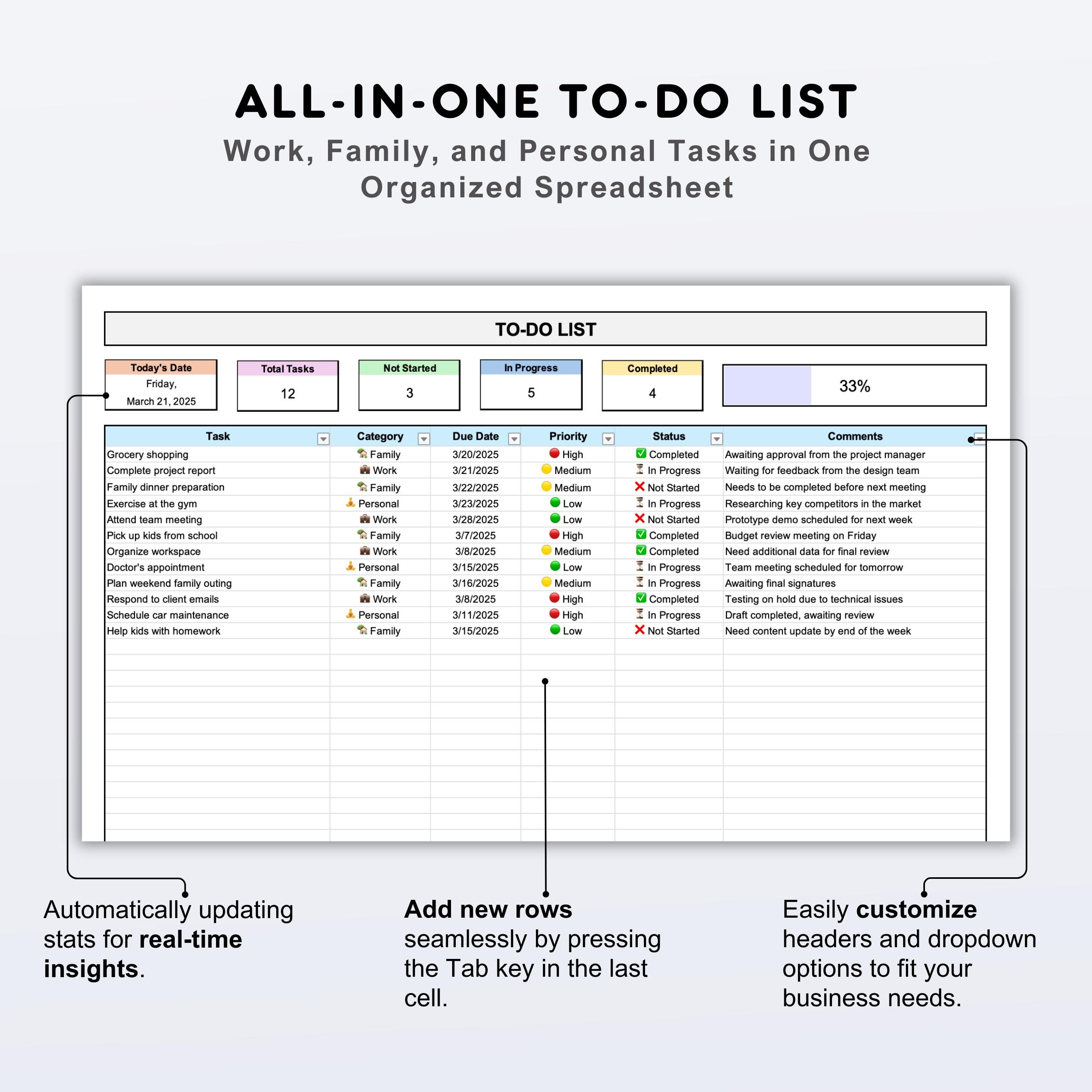 Excel to Do List With Categories, Priority & Status: Digital Checklist ...