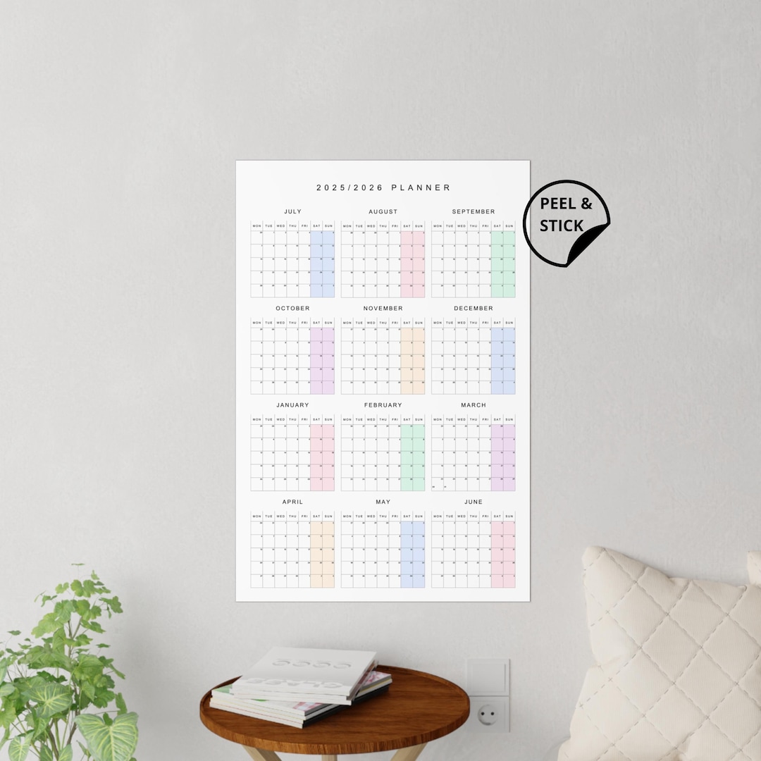 2025 2026 Mid Year Wall Calendar Decal | Monday Start | Adhesive ...