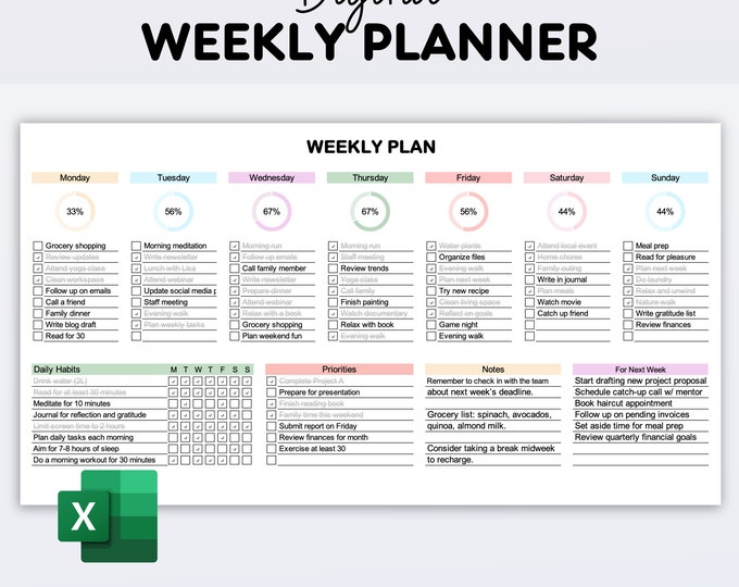 Weekly Work Planner Excel Template | Weekly Work Tracker | Excel ...