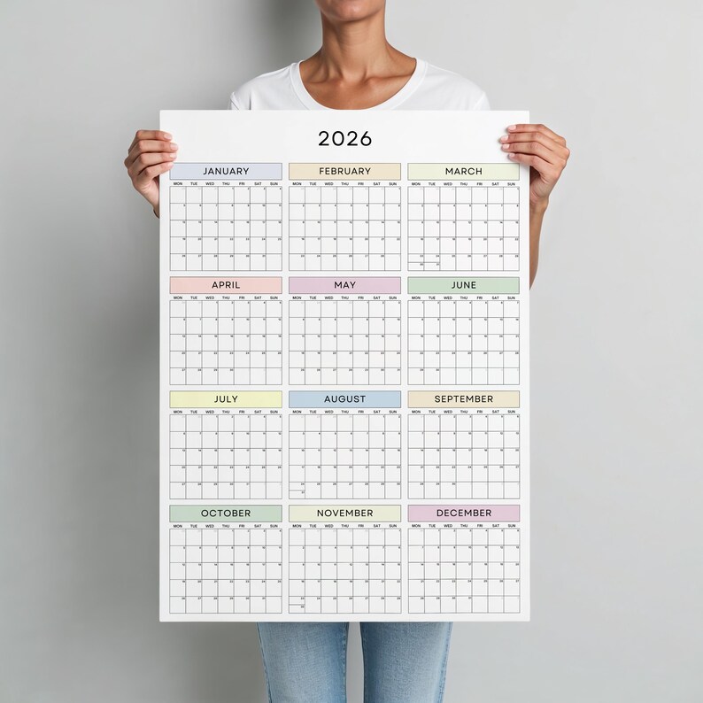 2026 Pastel Wall Calendar: Year at A Glance Poster, Monday Start - Etsy