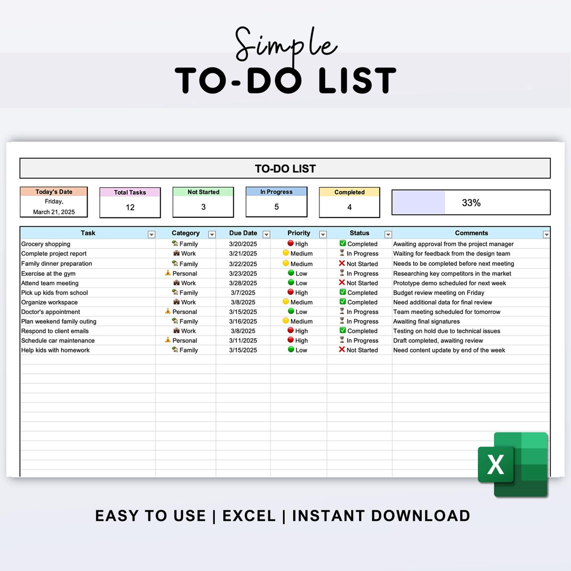 Excel to Do List With Categories, Priority & Status: Digital Checklist ...