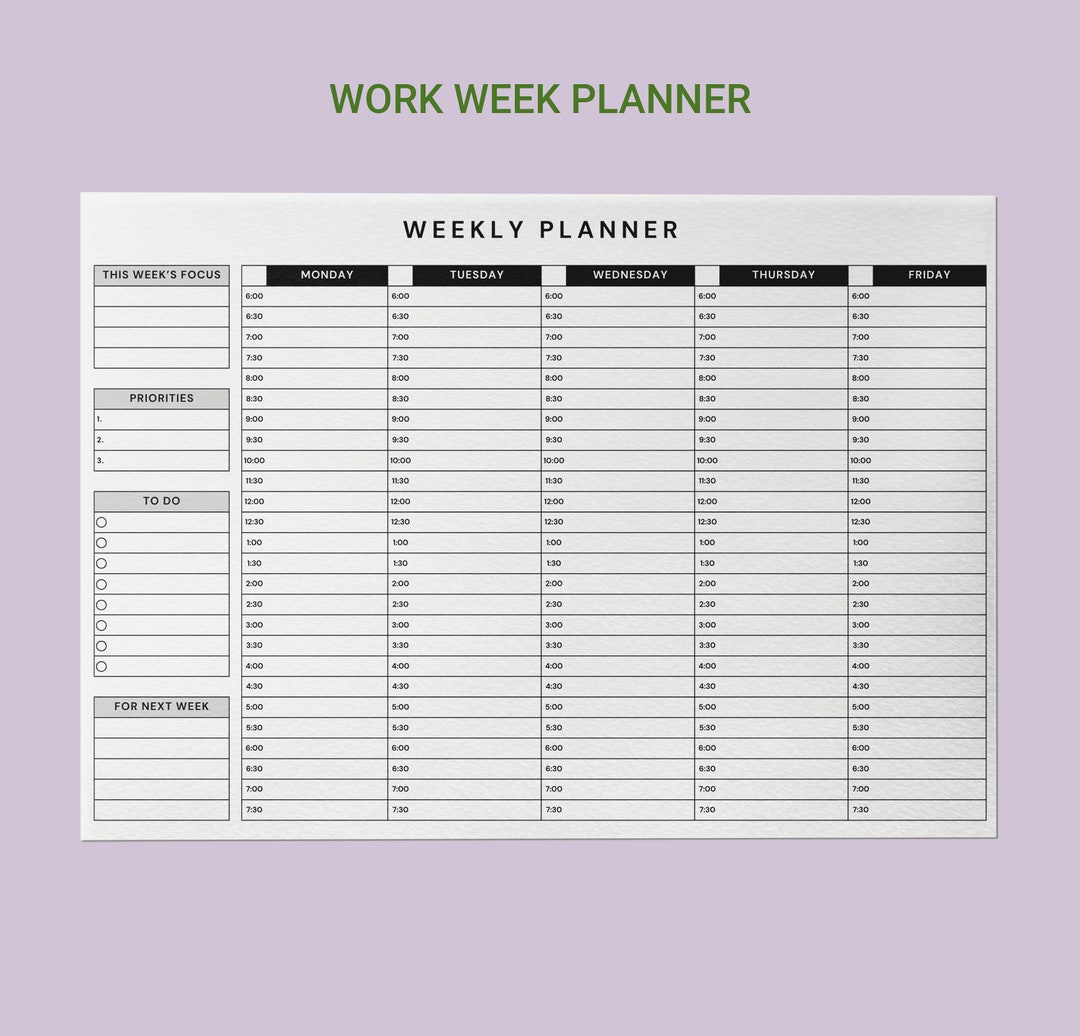 Work Week Planner Printable Template Daily Half-hourly Schedule Undated ...