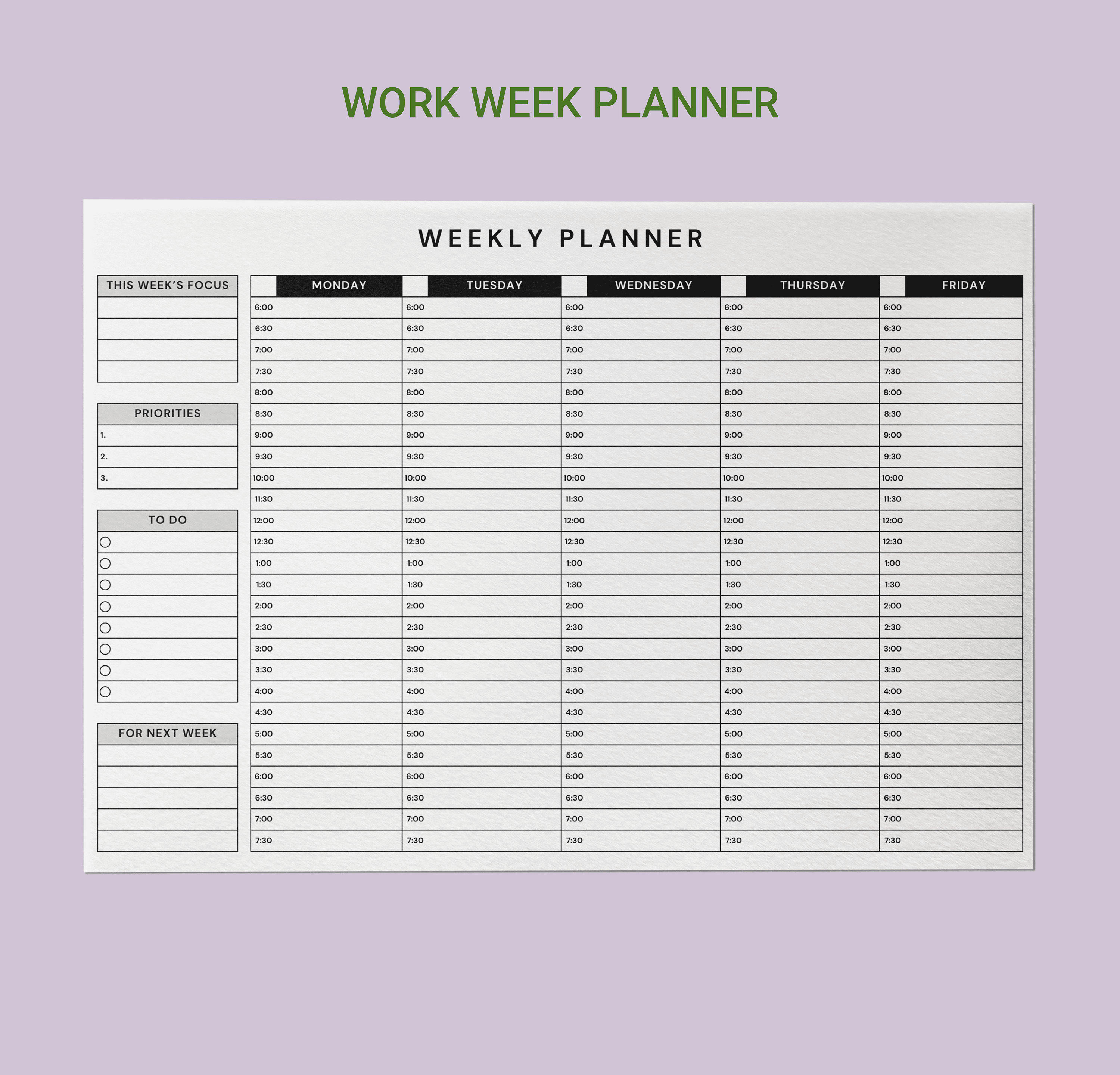 Work Week Planner Printable: Half-hourly Schedule (A4 & Letter PDF) - Etsy