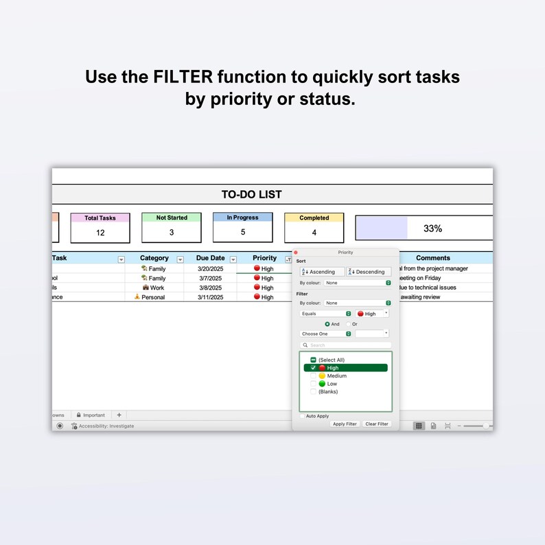 Excel to Do List With Categories, Priority & Status: Digital Checklist ...