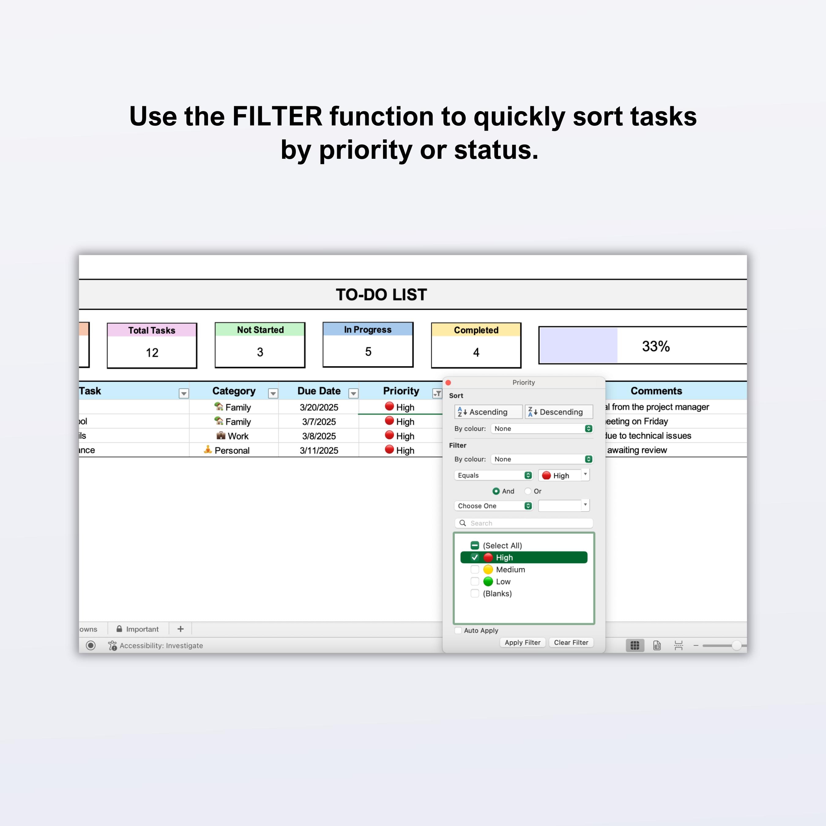 Excel to Do List With Categories, Priority & Status: Digital Checklist ...