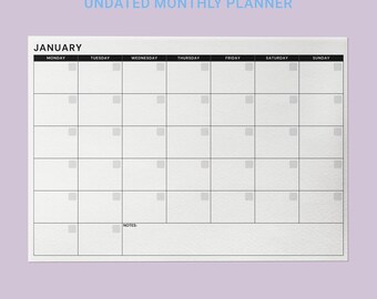 Undated Monthly Calendar Printable Digital Landscape Planner Monday and ...