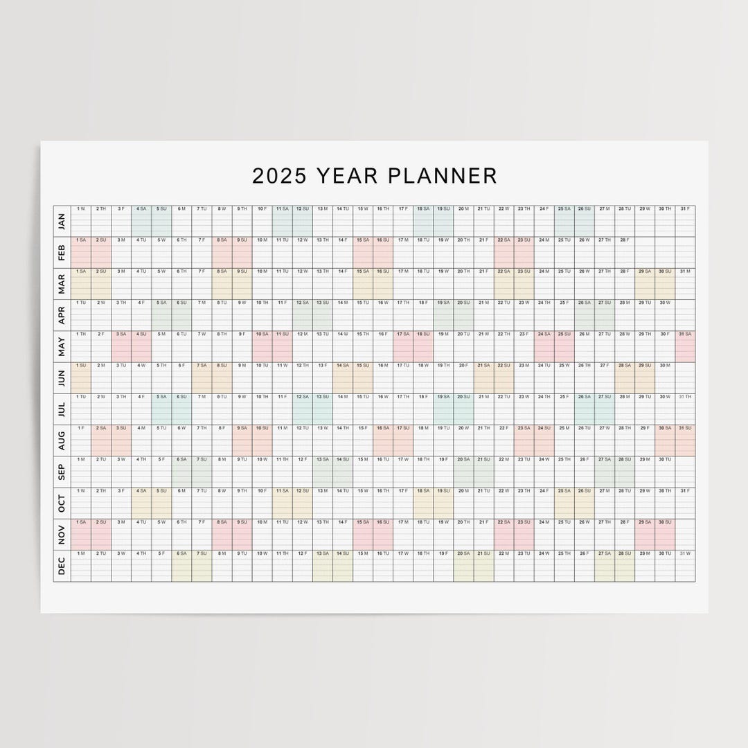 2025 Yearly Calendar Printable PDF - Wall Planner A1 A2 18x24 24x36 ...