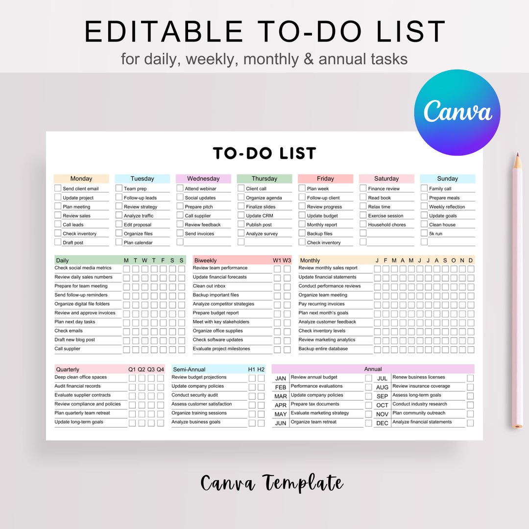 Editable Daily, Weekly, Monthly To-do List Template for Canva Pastel ...