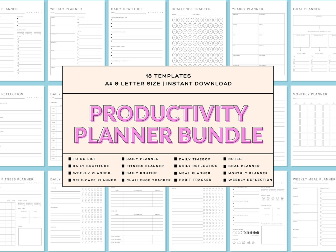 Productivity Planner Bundle Printable 18 Templates Monthly Habits ...