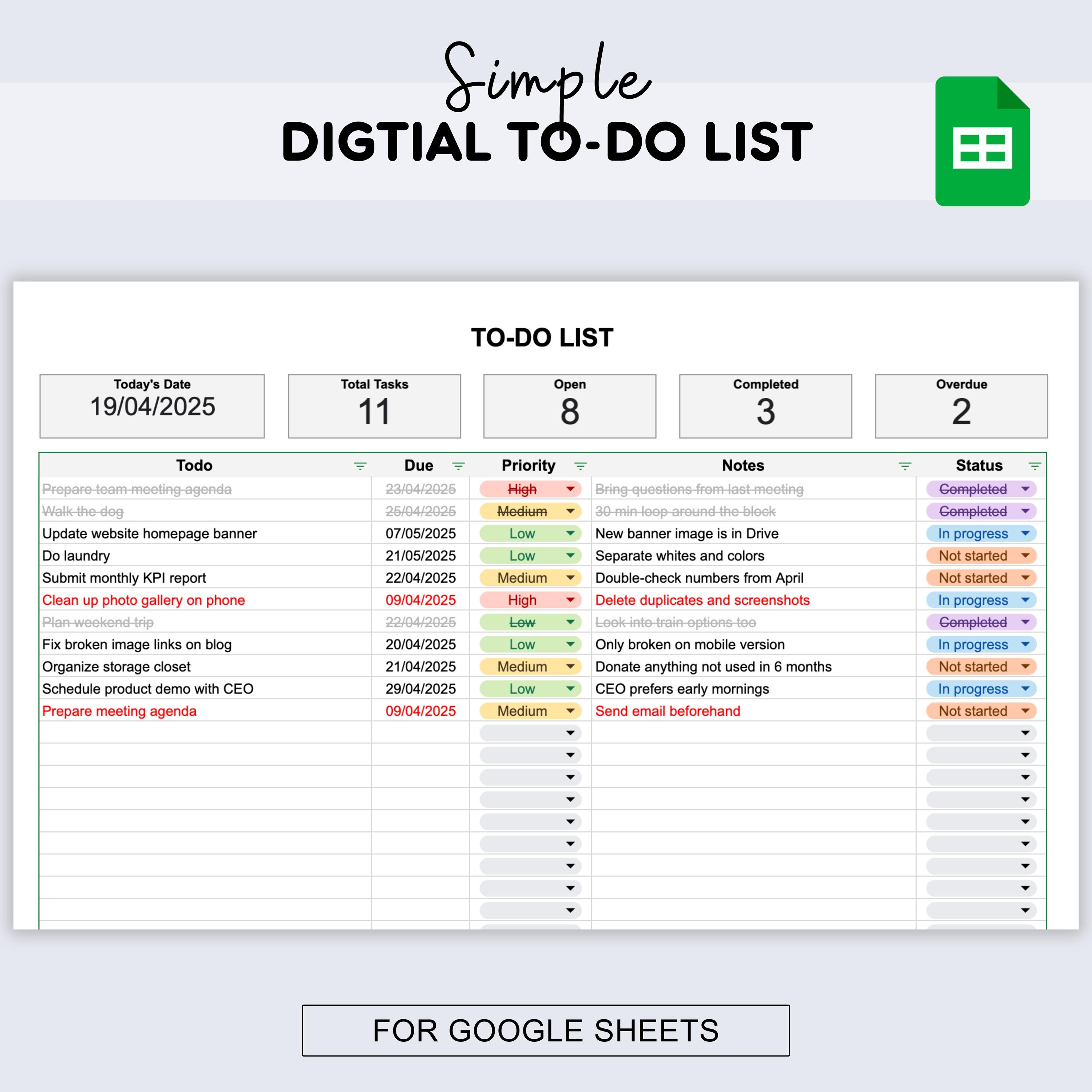Simple to Do List Google Sheets: Digital Task Tracker, Spreadsheet ...