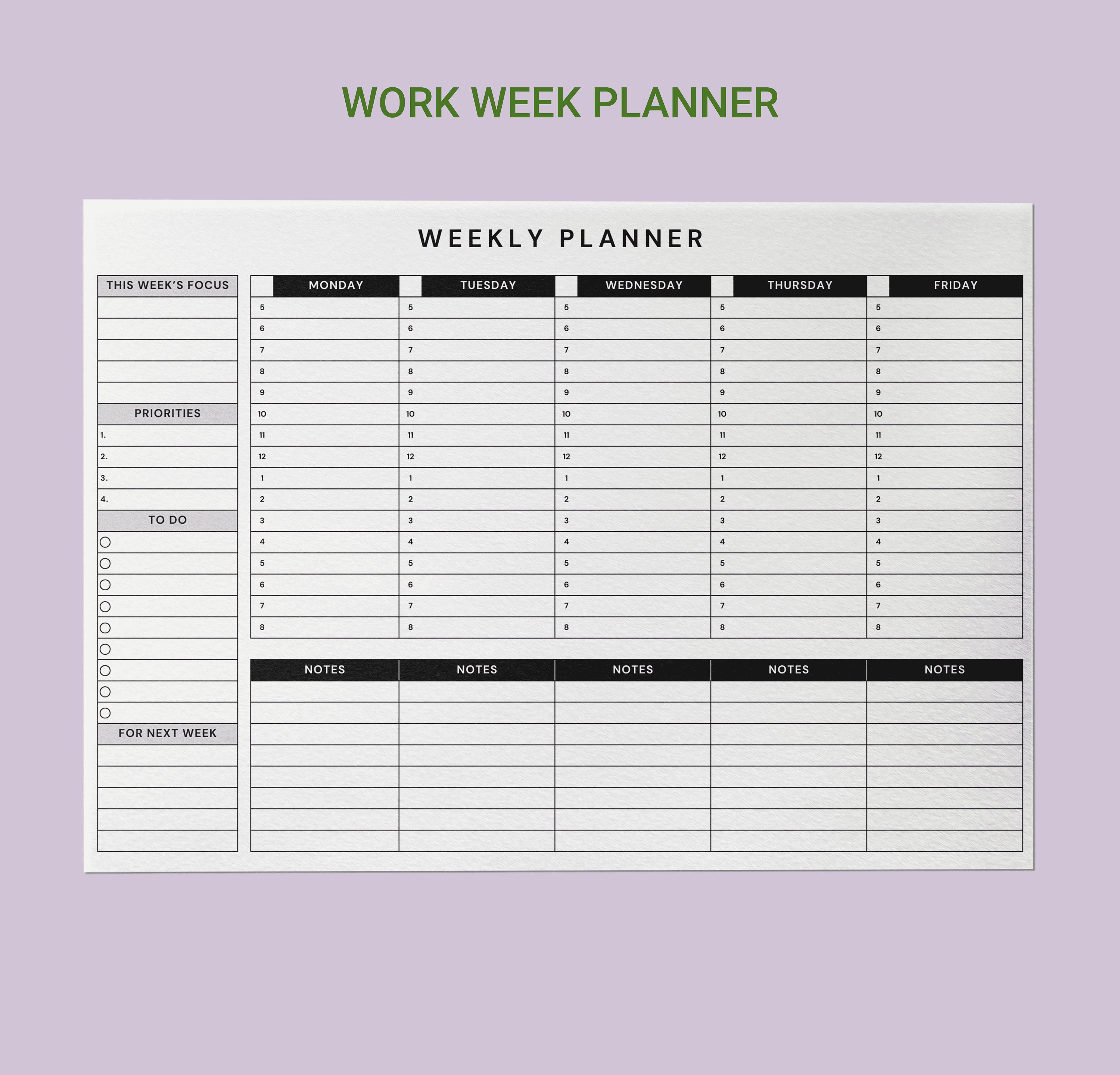 Printable Work Week Planner Daily Schedule Printable PDF Undated Weekly ...
