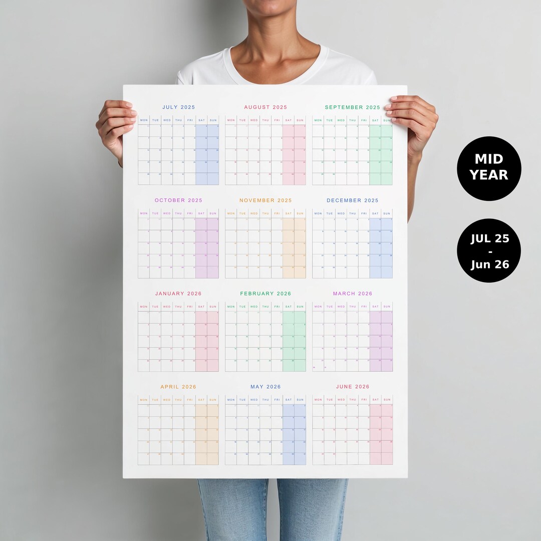 2025 2026 Mid Year Calendar, Year at A Glance Wall Planner, Split Year ...
