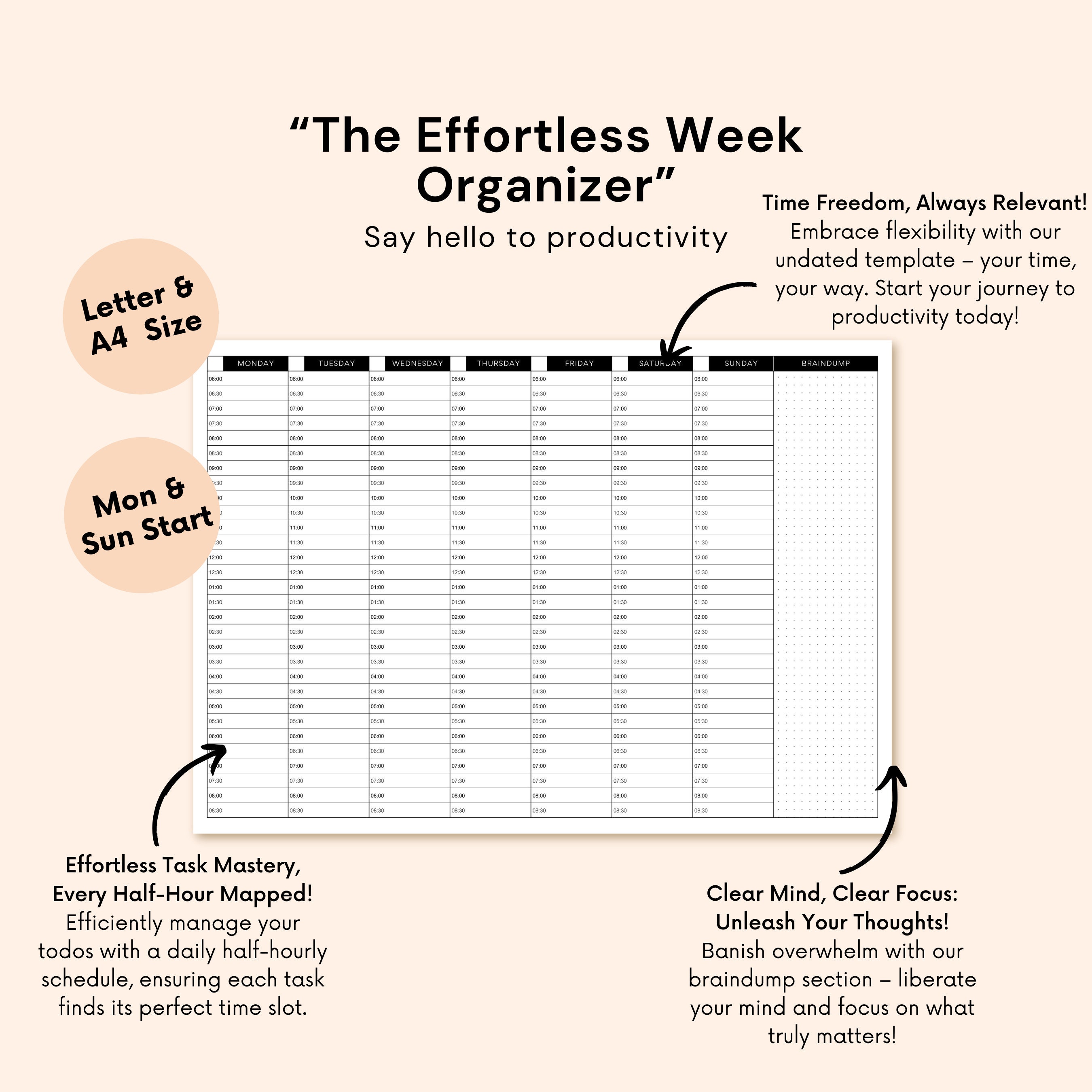Undated Weekly Timeboxing Template Printable Weekly Agenda Half-hourly ...