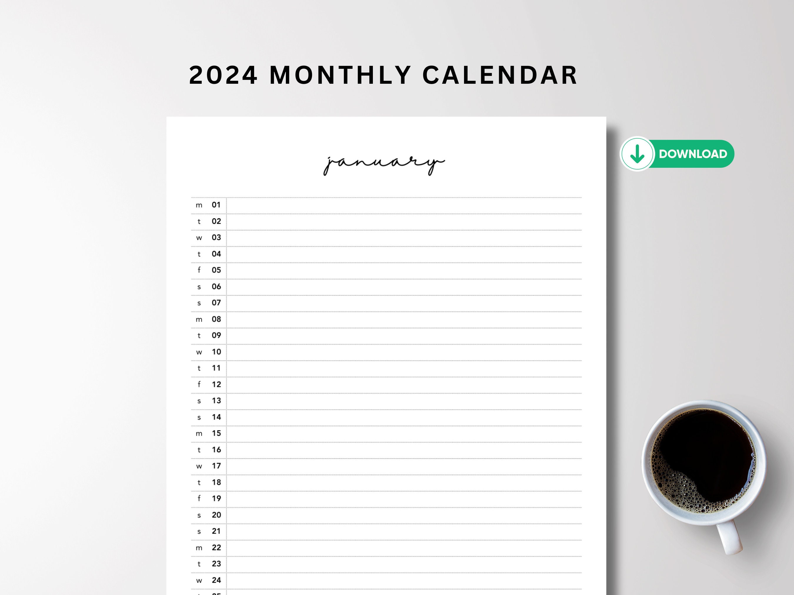 Minimalist 2024 Calendar PDF Printable Monthly Planner 2024 Download ...