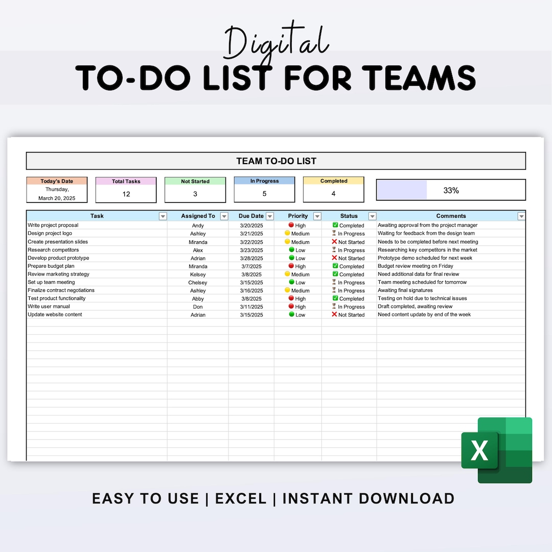 Team to Do List Excel Template: Task Tracker With Dashboard (digital ...