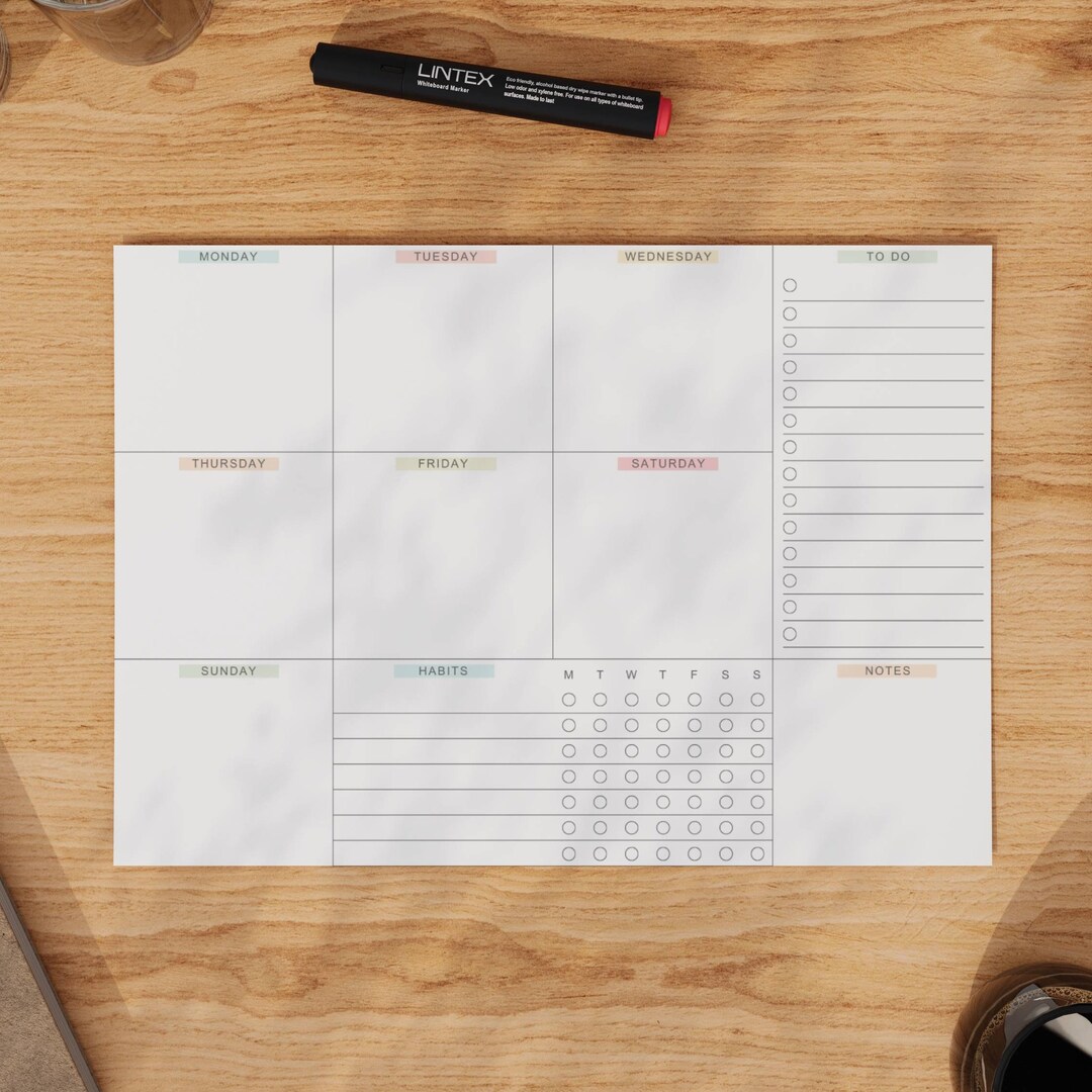 Weekly Planner at A Glance Weekly Dashboard Planner Pastel, A4 and US ...
