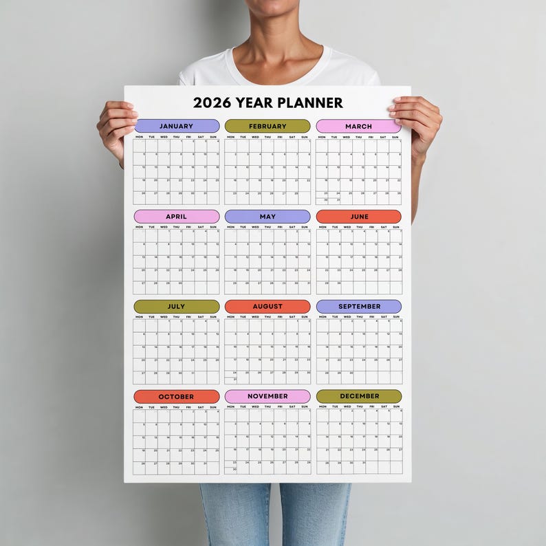 2026 Wall Calendar Year at A Glance, Colorful Monthly Planner, Monday ...