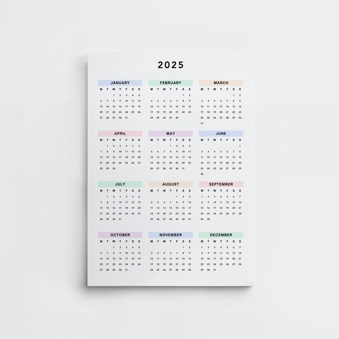 2025 Yearly Calendar: Pastel Colors, A4/a3/letter Sizes (printable PDF ...