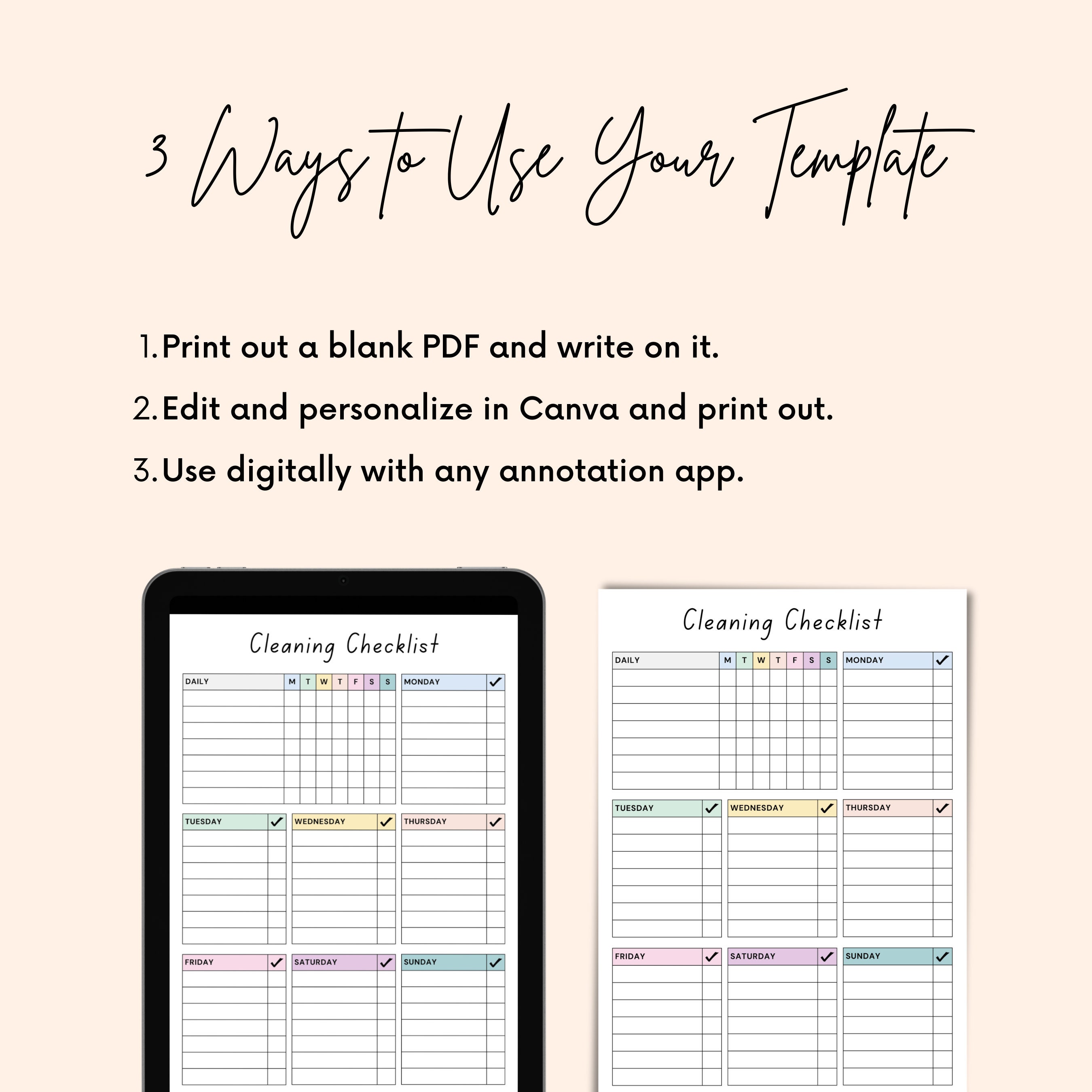 Editable Cleaning Checklist: Daily, Weekly, Monthly (canva Template, A4 ...