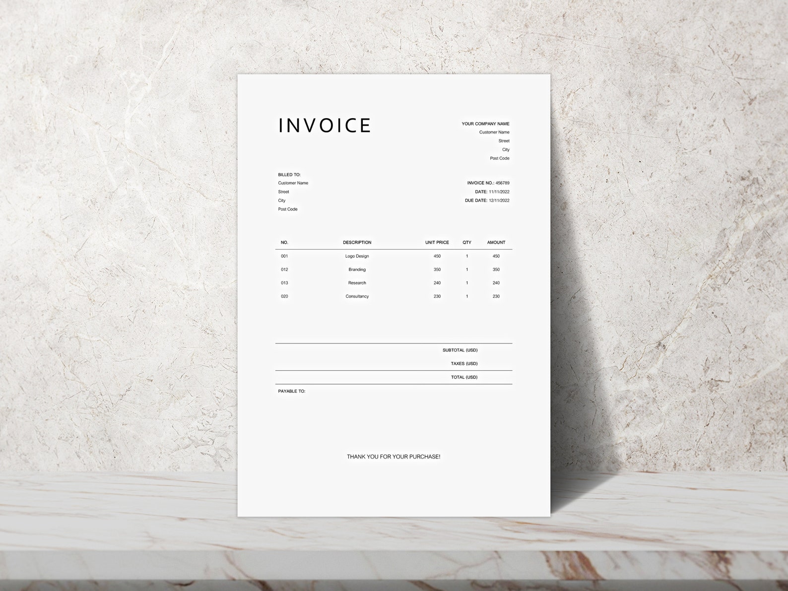 Invoice Template Printable and Digital Invoice Form PDF, Editable ...