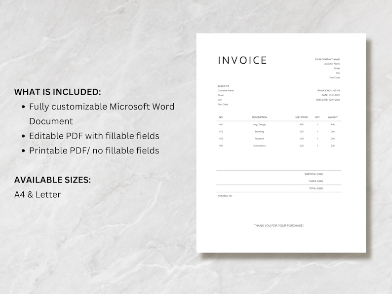 Invoice Template Printable and Digital Invoice Form PDF, Editable ...