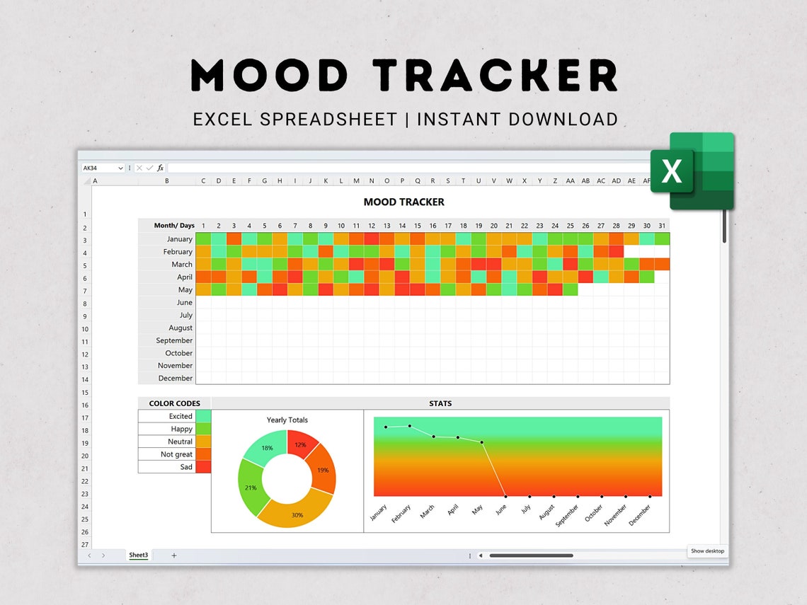 Digital Mood Tracker: Excel Spreadsheet, Mental Health Journal (instant ...
