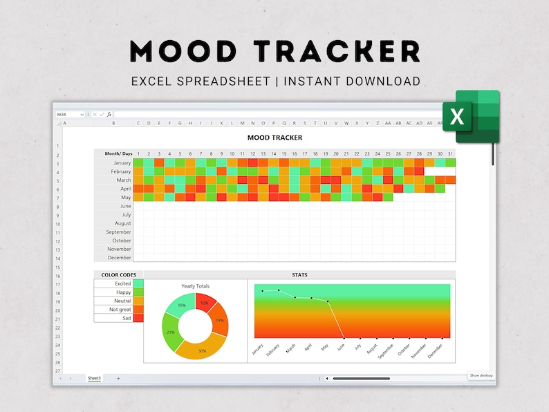 Digital Mood Tracker: Excel Spreadsheet, Mental Health Journal (instant ...