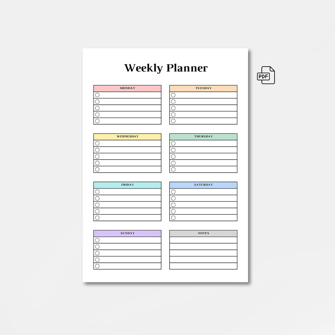 Weekly Planner PDF Printable Colorful Weekly Checklist Template ...