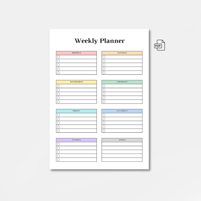 Digital Weekly Planner PDF Printable Weekly Checklist Template ...