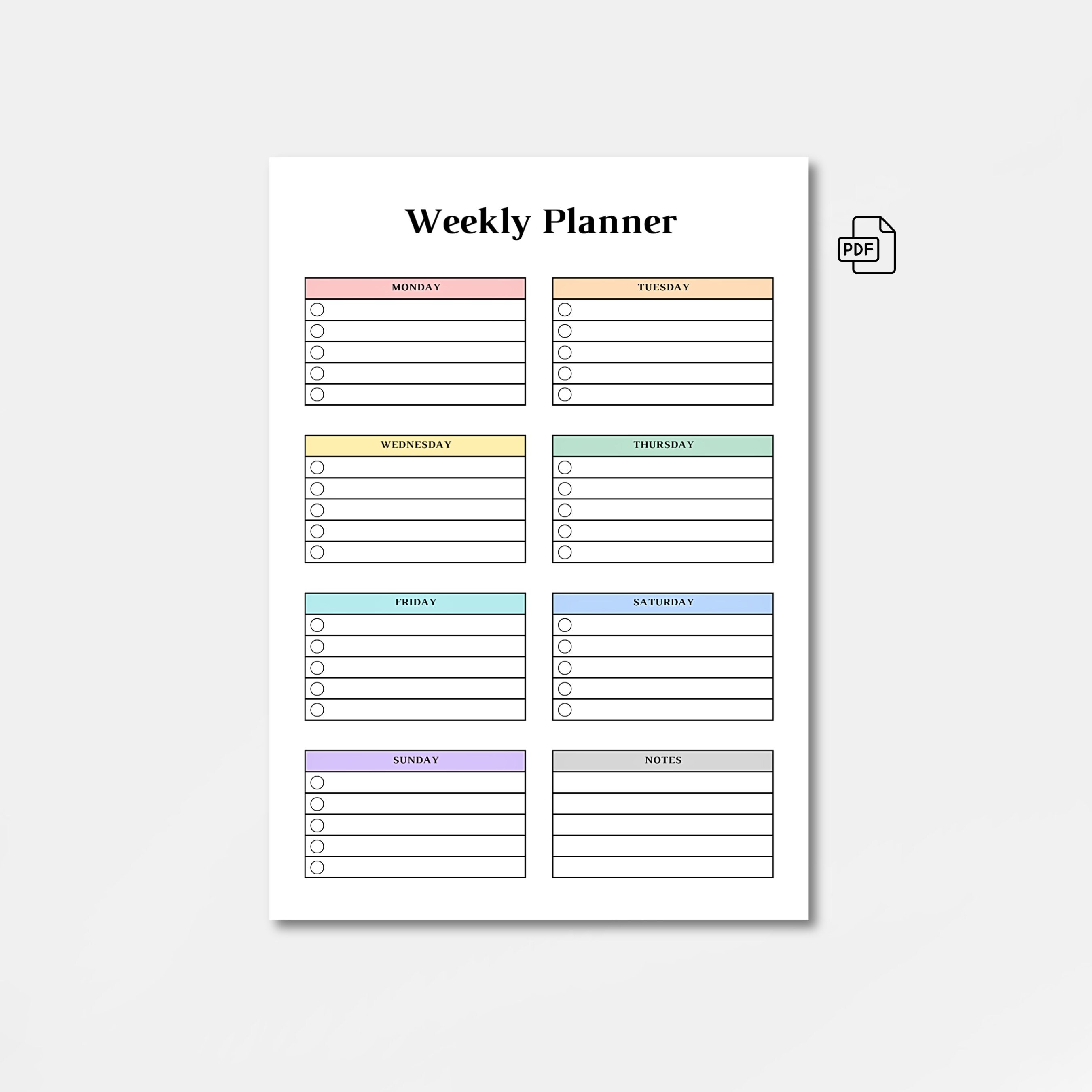 Digital Weekly Planner PDF Printable Weekly Checklist Template ...