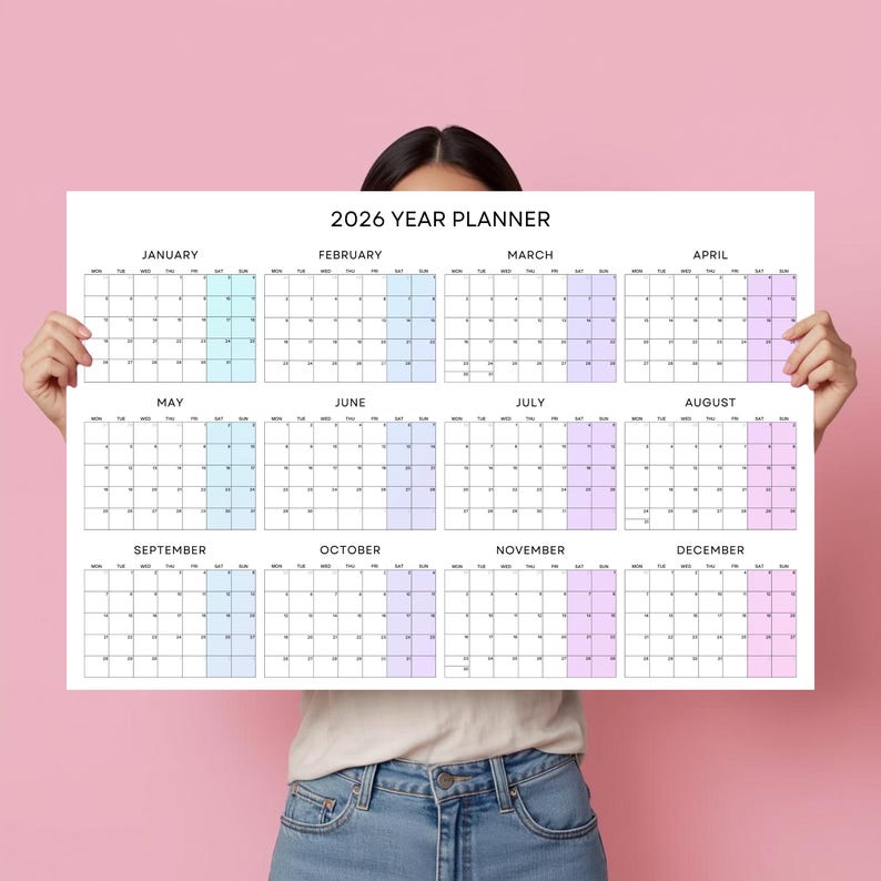 Wall Calendar 2026 Horizontal Yearly Planner, Mermaidcore Pink Blue ...