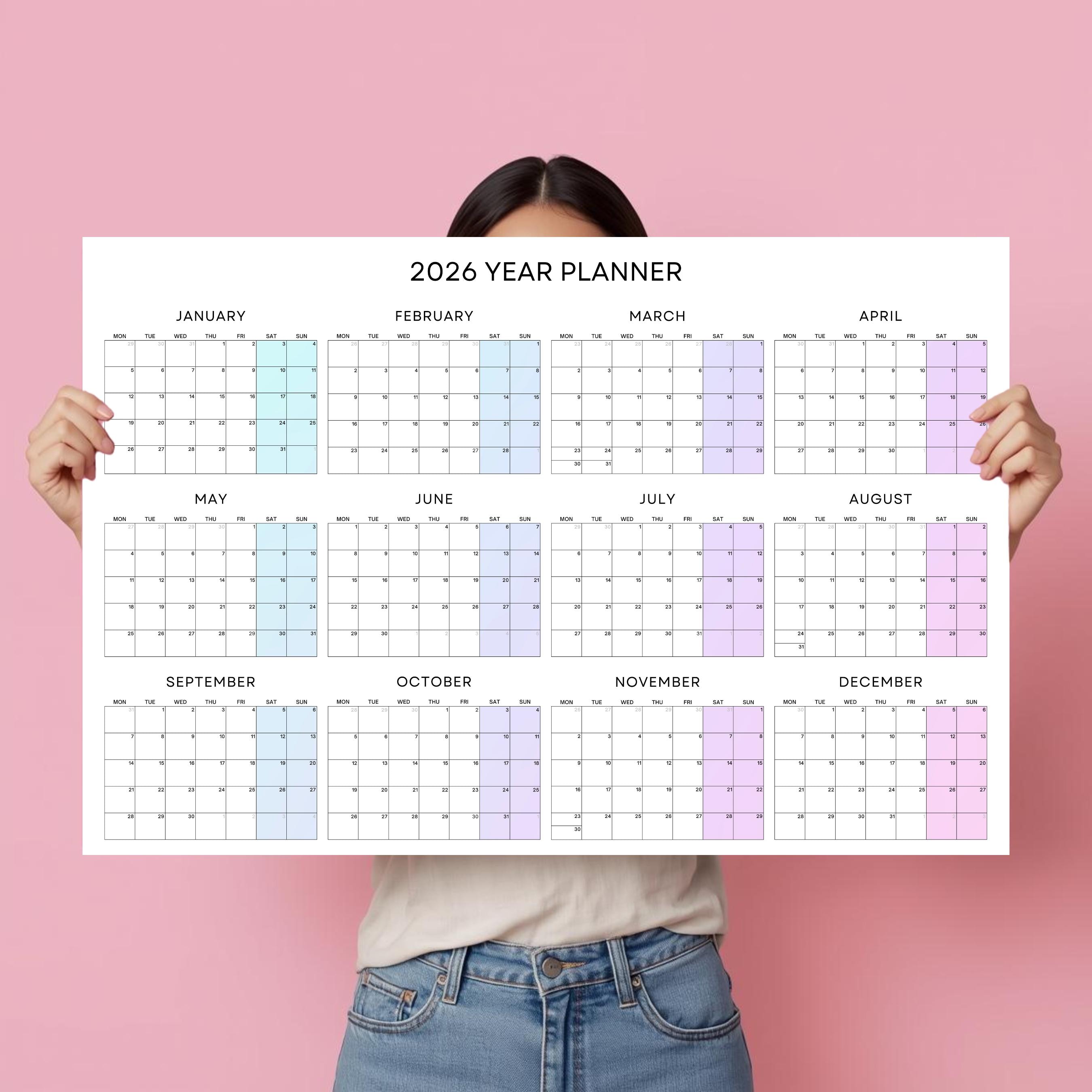 Wall Calendar 2026 Horizontal Yearly Planner, Mermaidcore Pink Blue ...