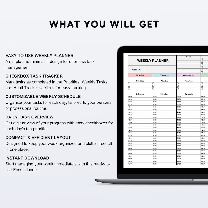 Weekly Planner Excel Template: Customizable Digital Schedule (digital ...