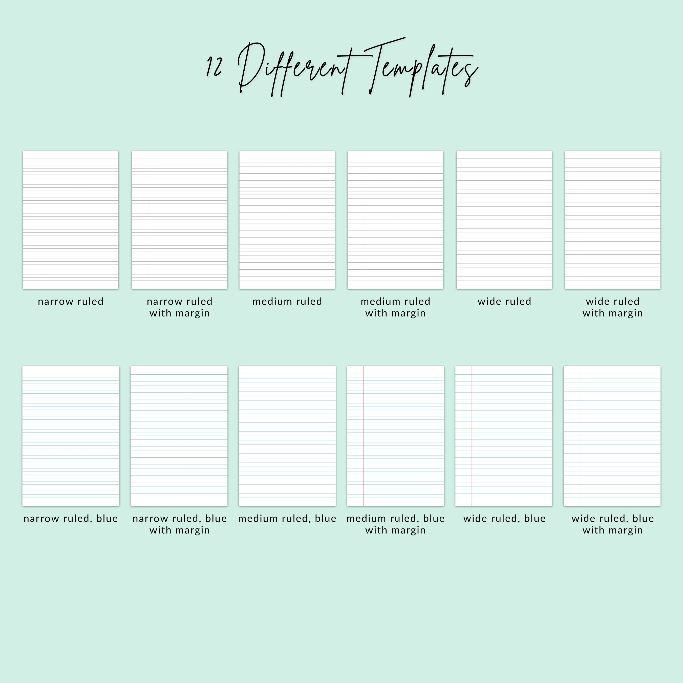 Lined Paper Bundle Printable Notebook Paper Templates Ruled Pages Wide ...