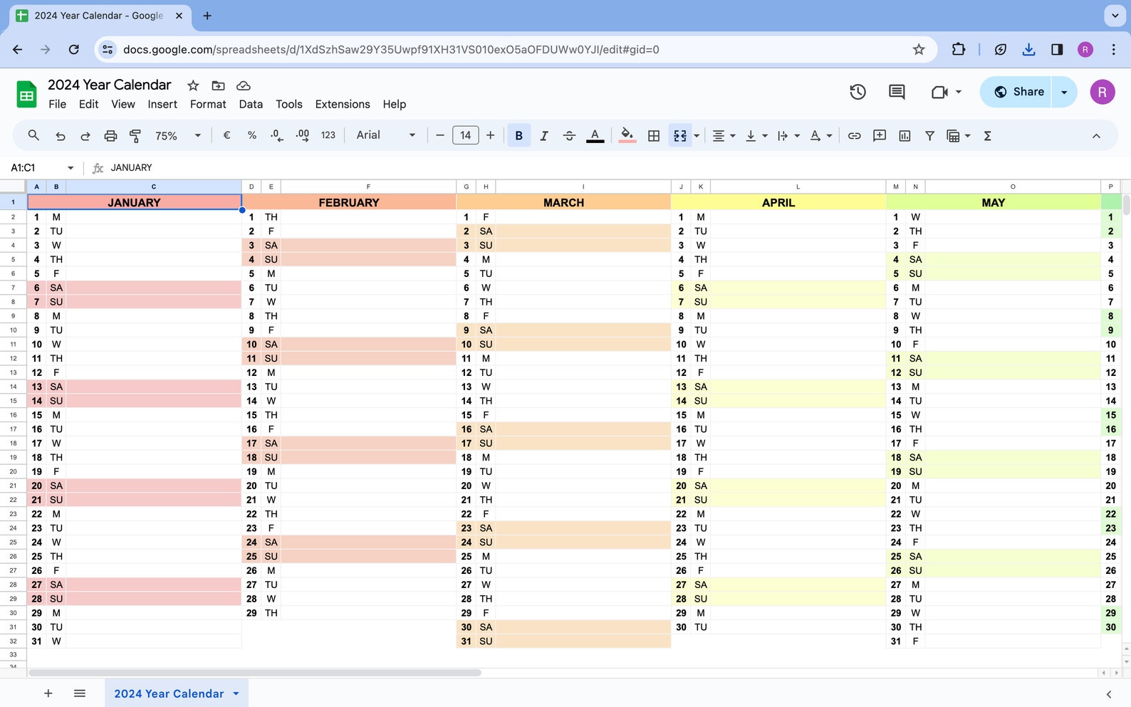 Year Calendar Excel & Google Spreadsheet Digital Calendar Digital ...