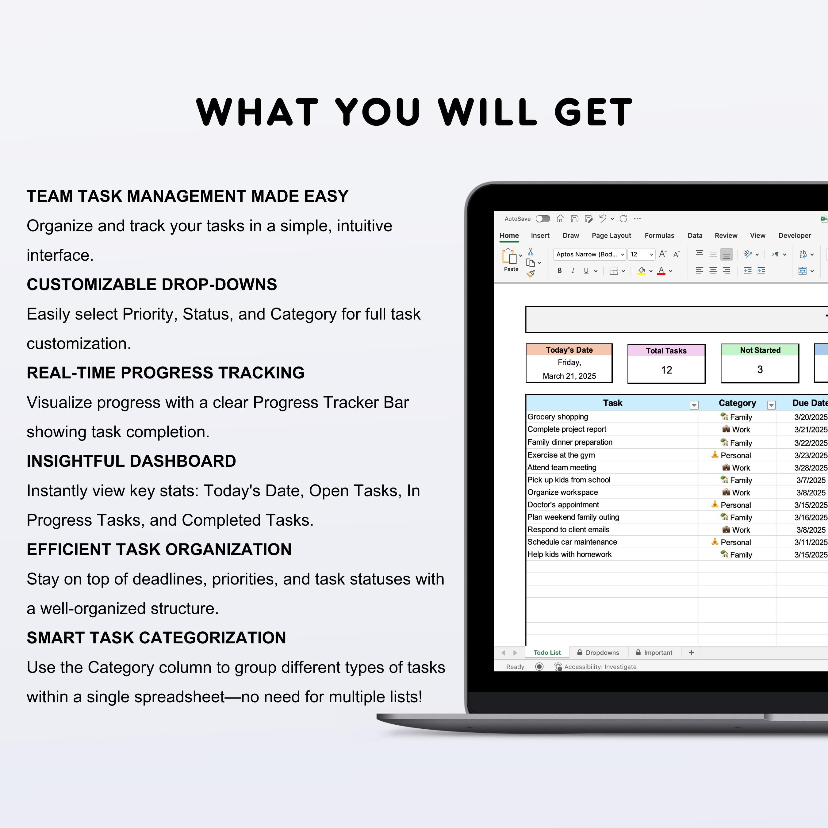 Excel to Do List With Categories, Priority & Status: Digital Checklist ...