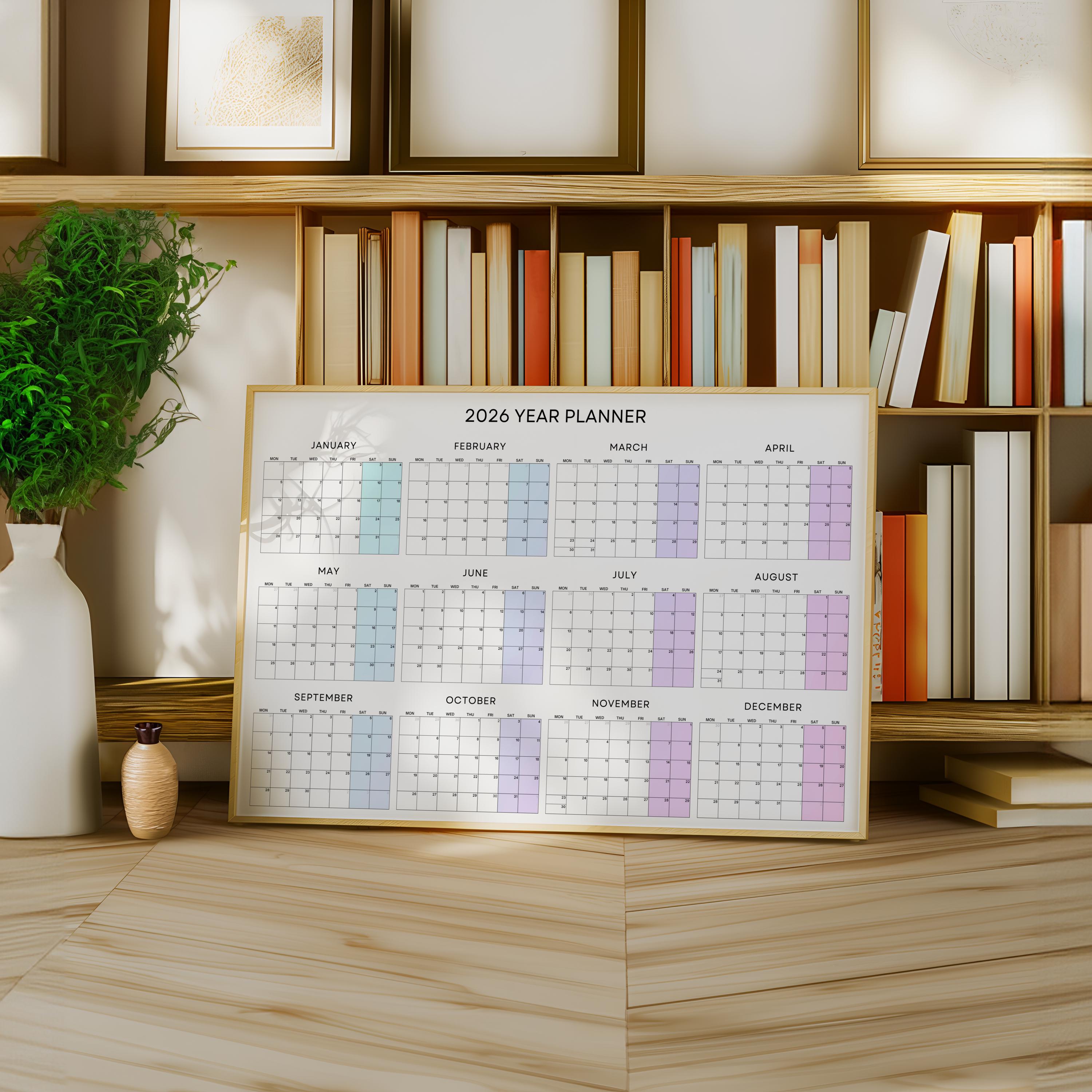 Wall Calendar 2026 Horizontal Yearly Planner, Mermaidcore Pink Blue ...