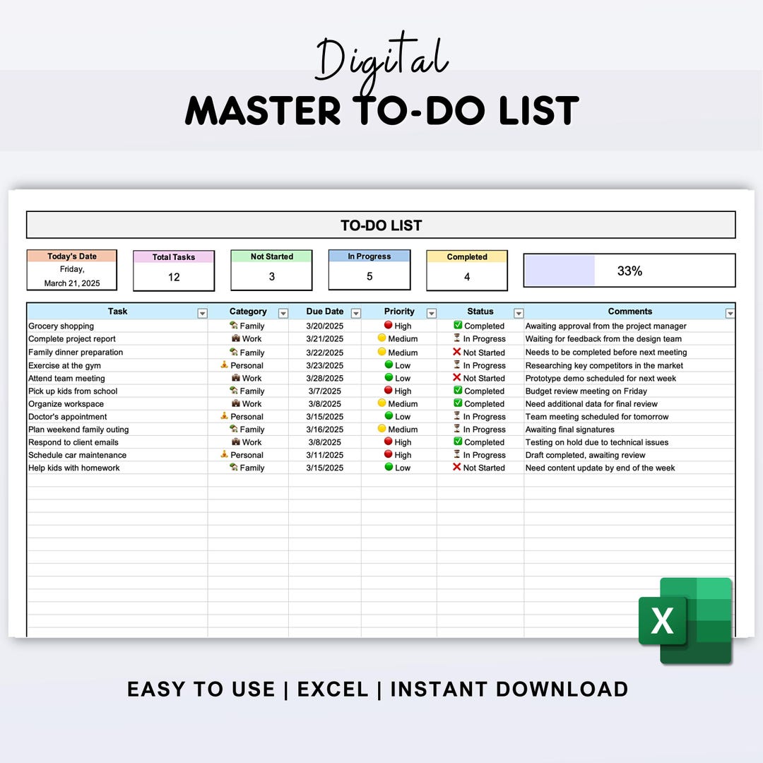 Excel To-do List Template: Task Planner & Tracker (digital Download) - Etsy