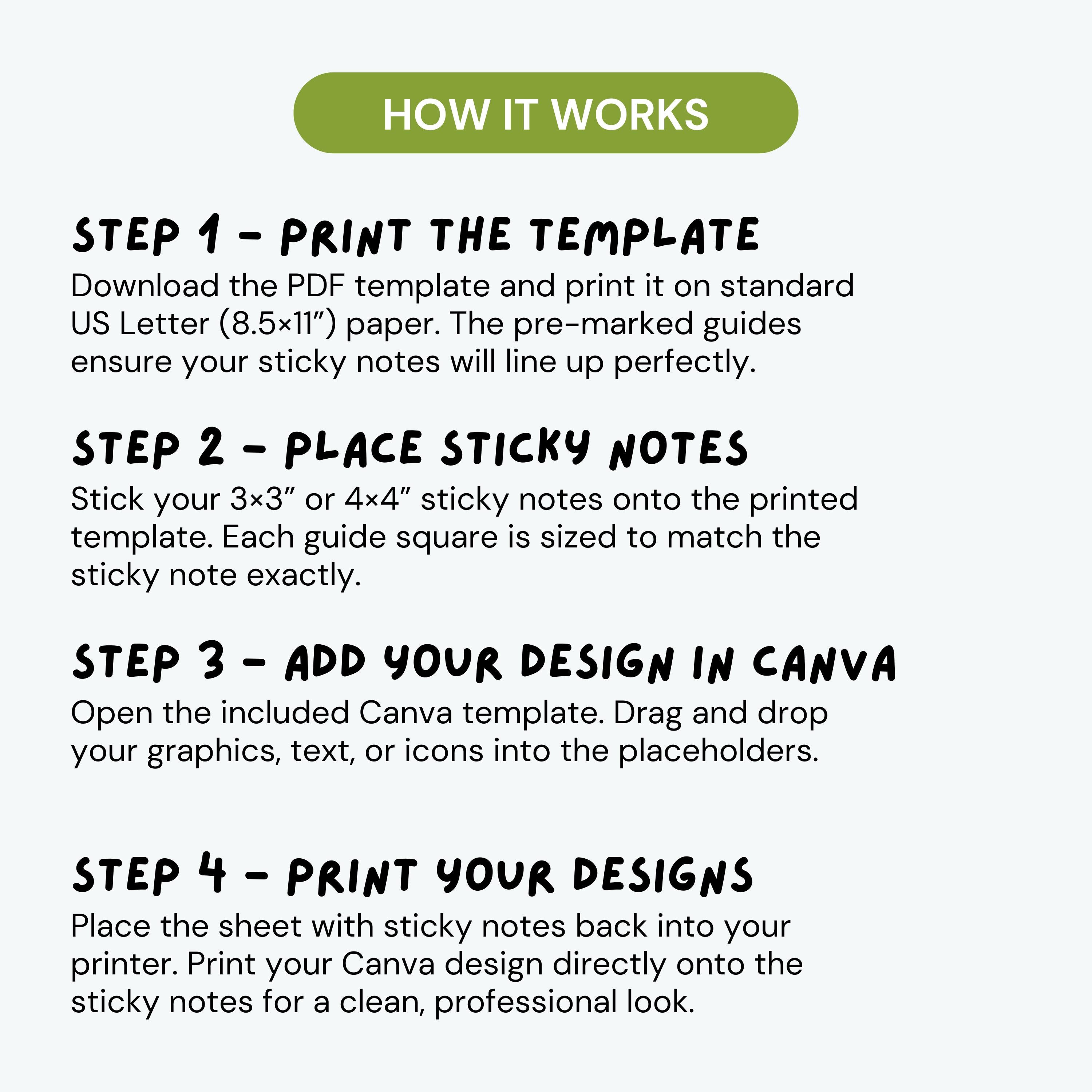 DIY Sticky Note Templates PDF & Canva 3x3"/ 4x4" Printable Sheets ...