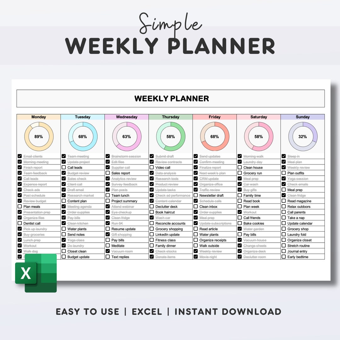 Weekly Planner With Checkboxes and Progress Tracker Weekly Checklist ...