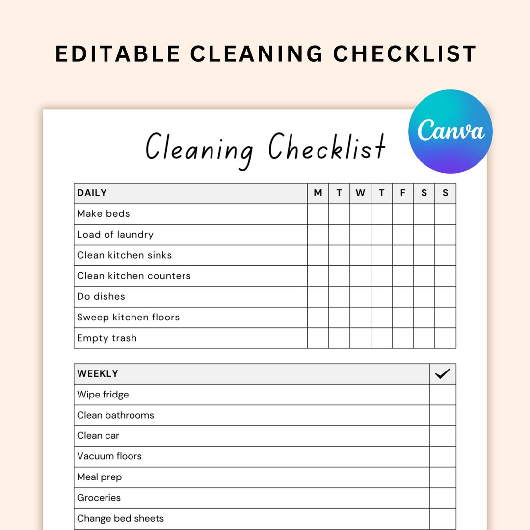 Editable Cleaning Checklist Canva Template, A4 and Letter PDF, for ...