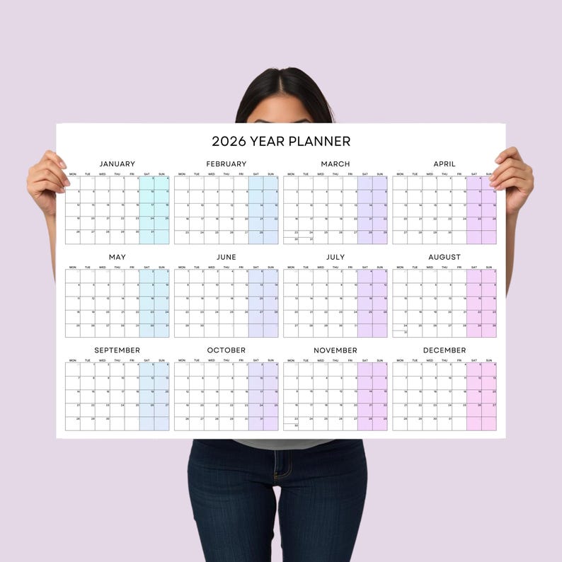 Wall Calendar 2026 Horizontal Yearly Planner, Mermaidcore Pink Blue ...