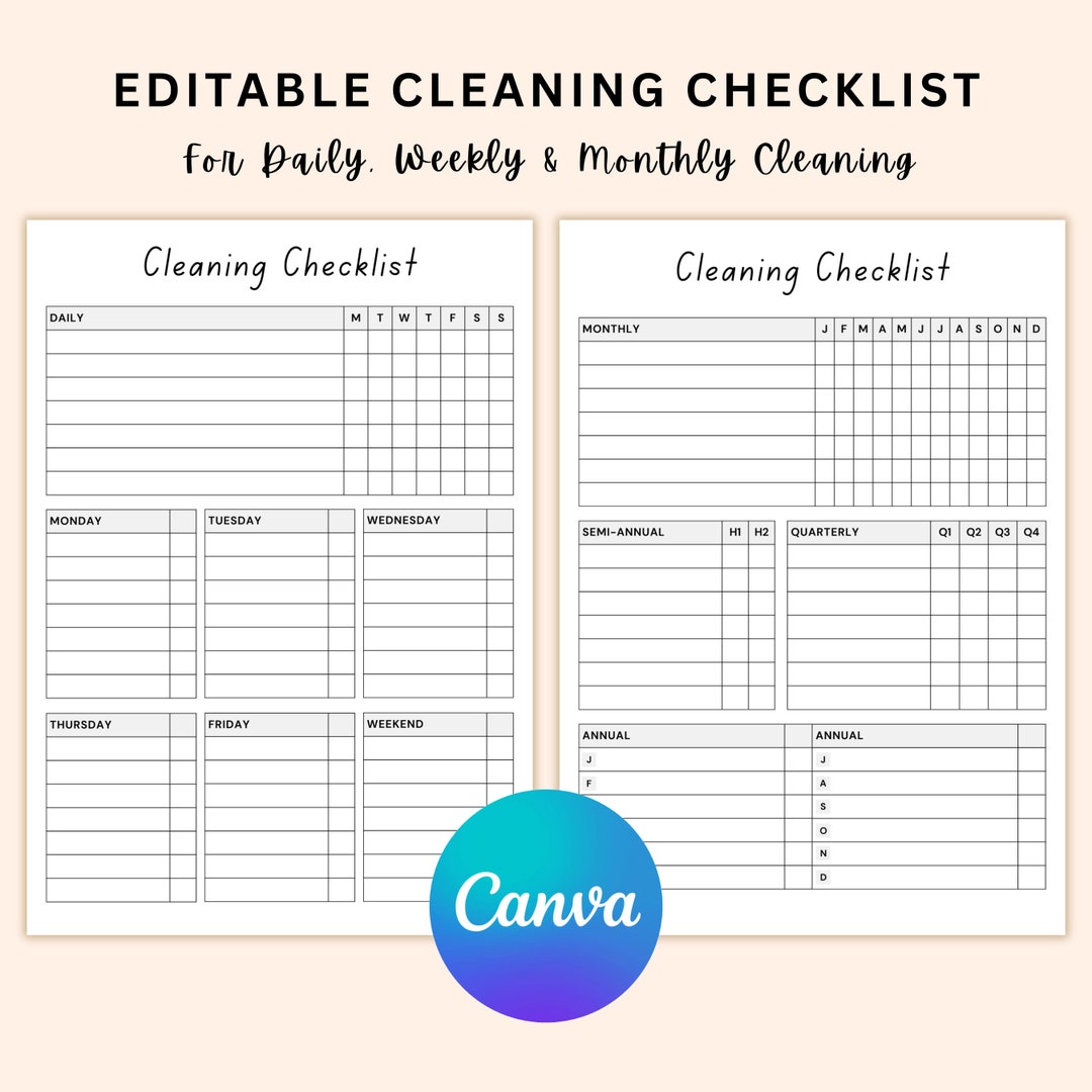 Editable Cleaning Checklist Canva Template, A4 and Letter PDF, for ...