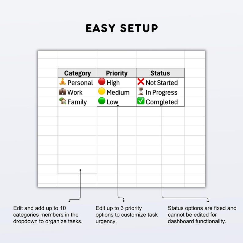 Excel To Do List with Categories, Priority & Status: Digital Checklist ...