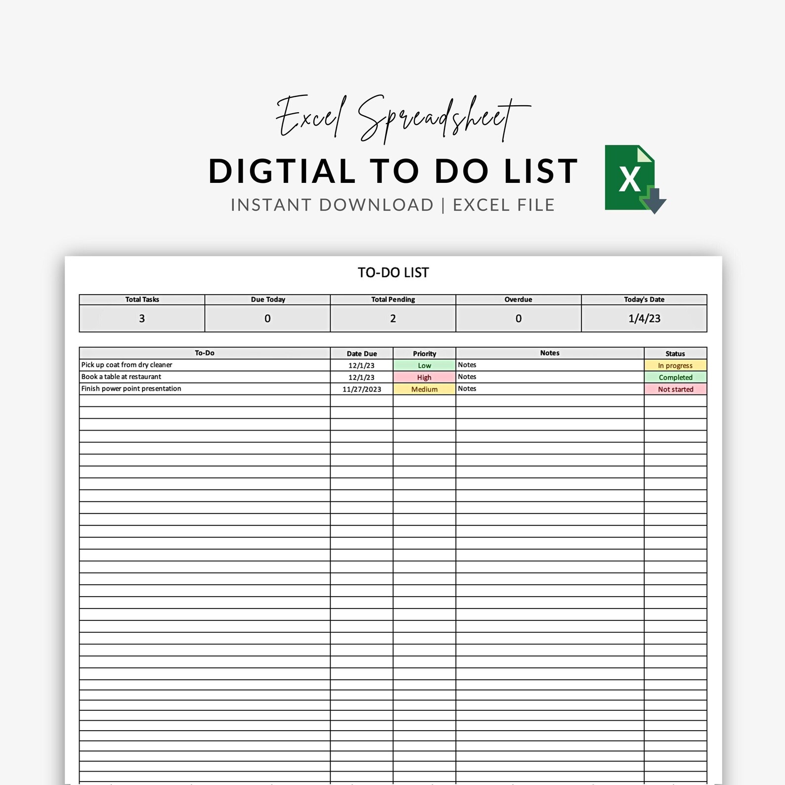 To Do List Excel Spreadsheet Digtial Excel Template Digital Checklist ...