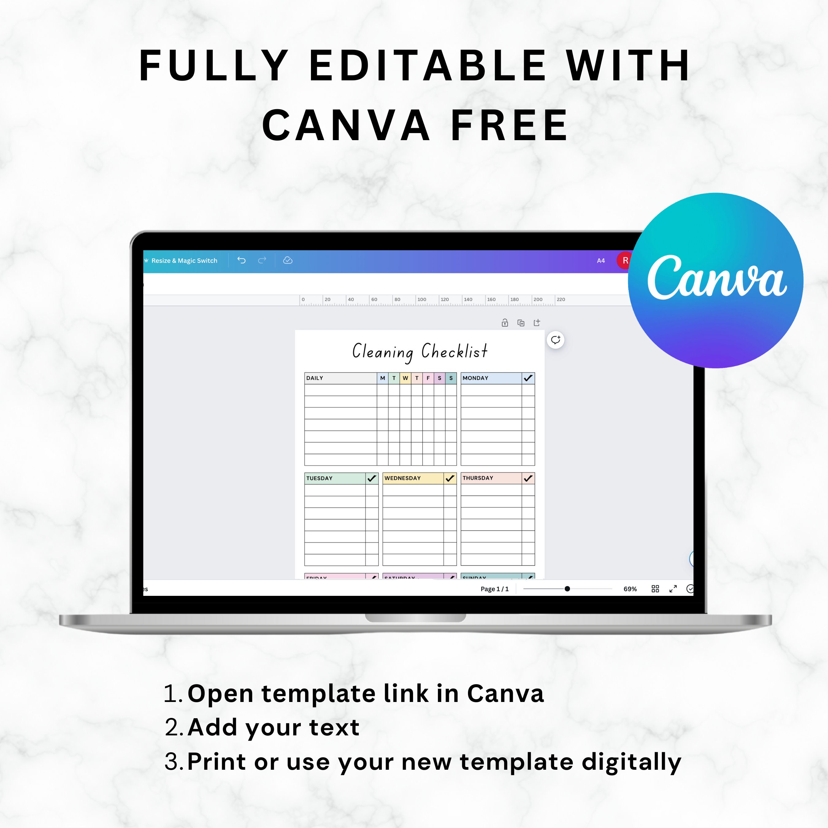 Editable Cleaning Checklist: Daily, Weekly, Monthly (canva Template, A4 ...