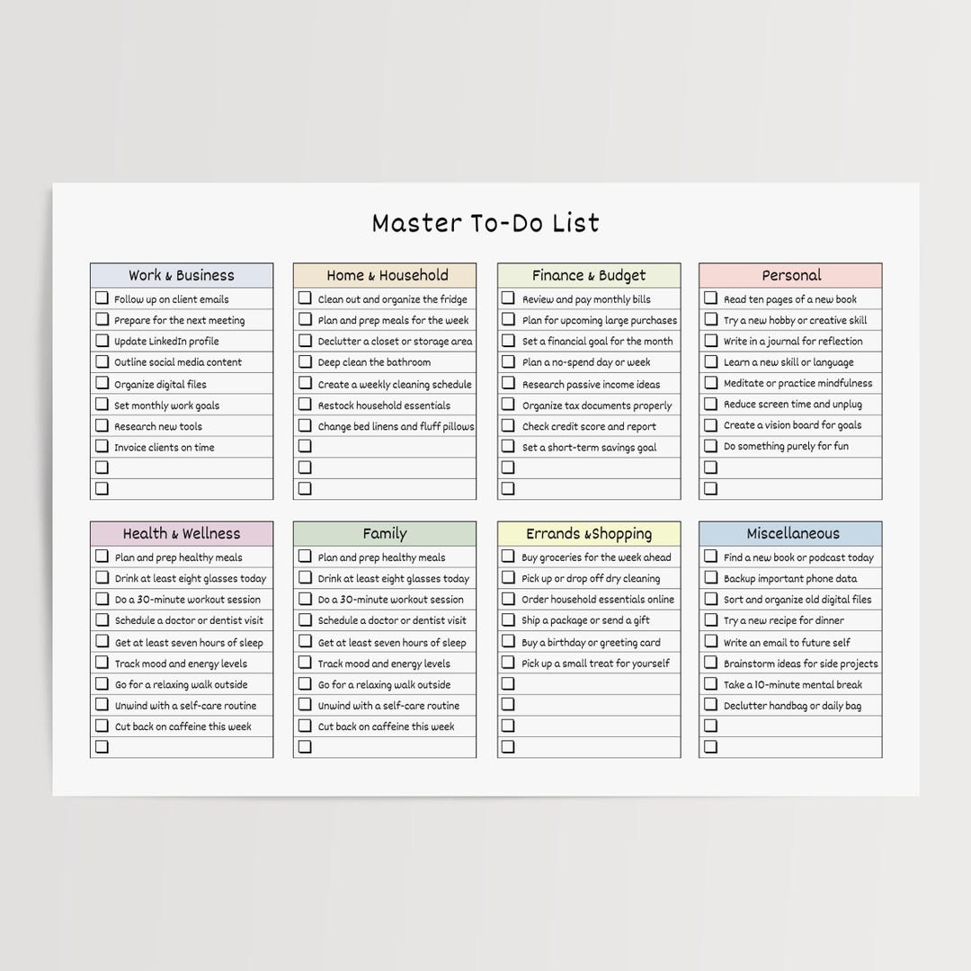Pastel to Do List Printable: Master Task Checklist (A4 & Letter) - Etsy ...